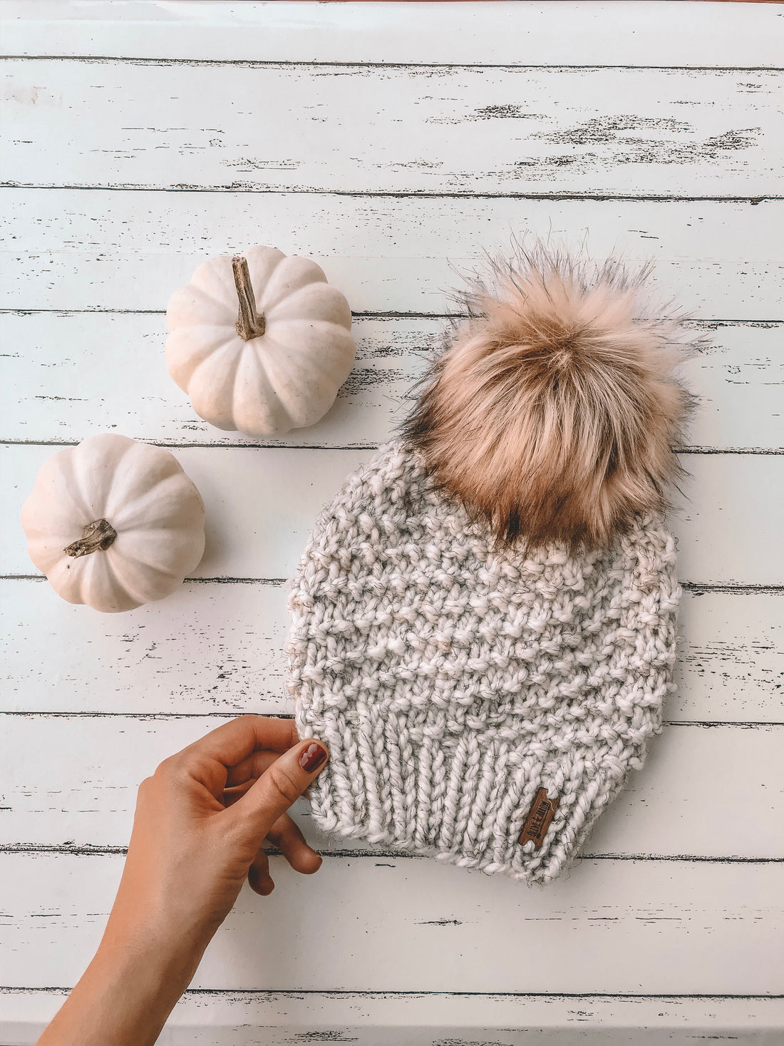 Adult Knitted Textured Beanie with Faux Fur Pom Pom // The Acadia - Wh ...